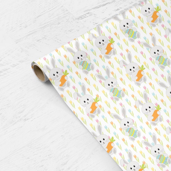 Easter Bunny Gift Wrapping Paper Floral Tulips Present Packaging Sheet ...