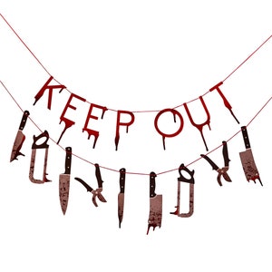 Horror Halloween Banner KEEP OUT Bloody Dripping Blood Saw Knife Crime ...