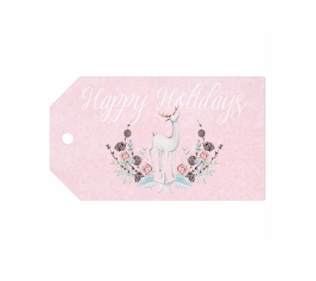 Reindeer Gift Tags Pink Floral Elegant Happy Holidays Christmas Festive ...