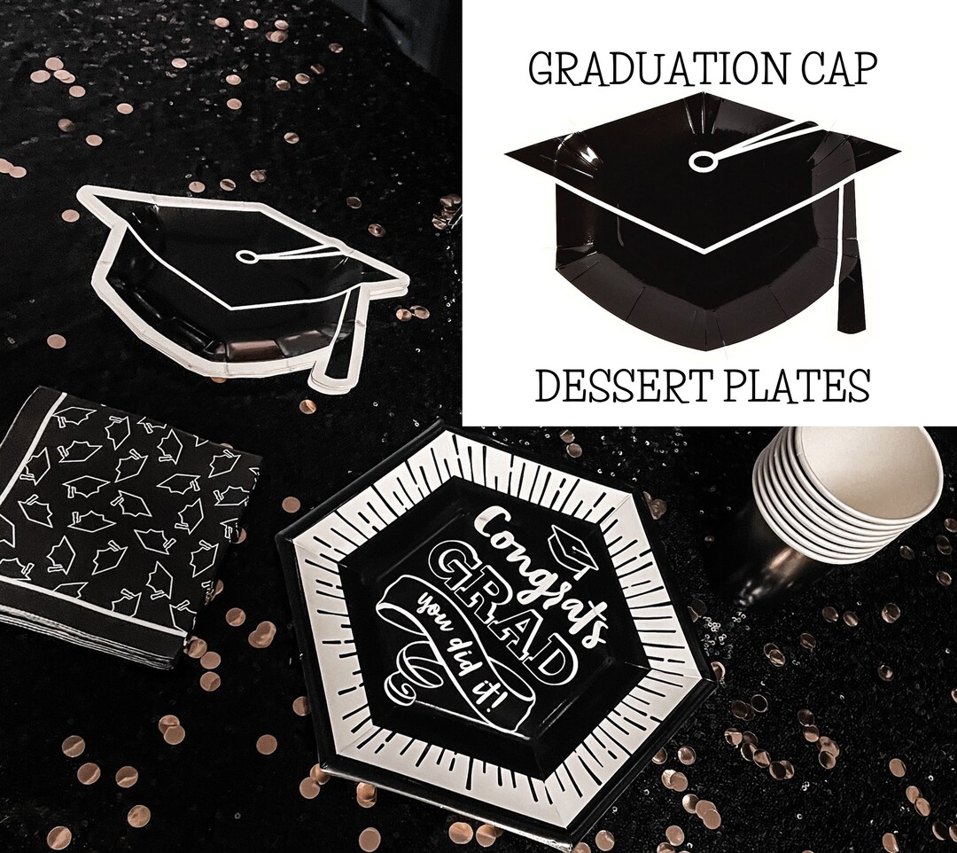 Graduation Plates Grad Cap Hat Tableware Black Dessert Sweet Cake Paper ...