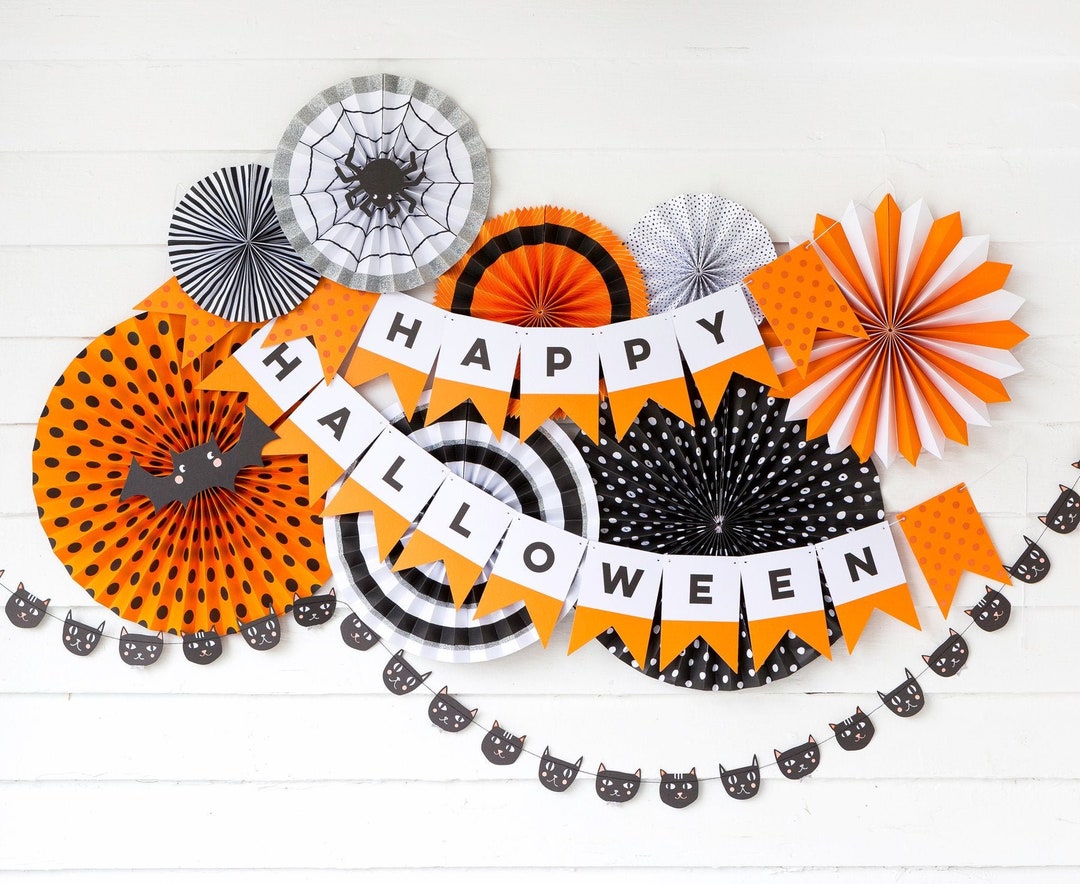 Happy Halloween Garland Party Decoration White Pumpkin Orange Flag ...