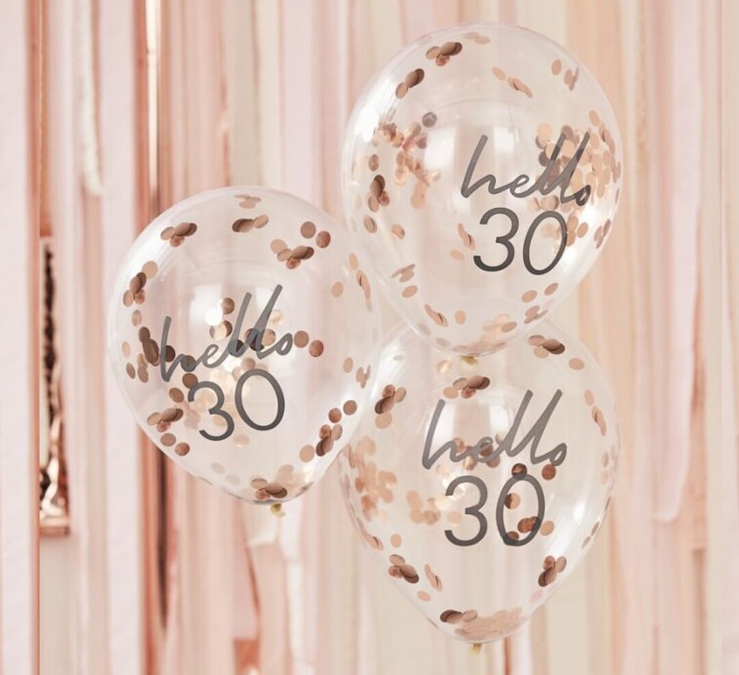 Hello 30 Balloon Bundle Transparent Glitter Confetti Rose Gold Feminine ...