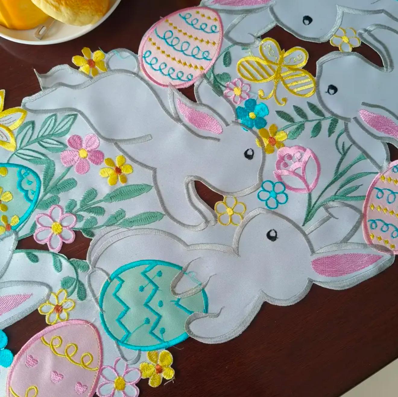 EASTER TABLE RUNNER White Bunny Colorful Eggs Embroidered Floral Fabric ...