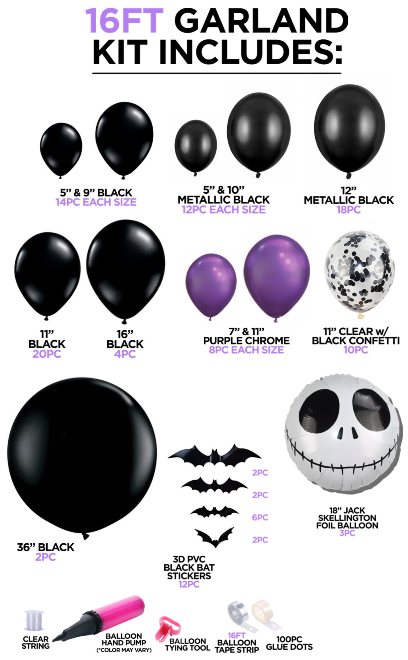 Halloween Balloon Arch Skull Skeleton Black Bat Purple Confetti Filled ...