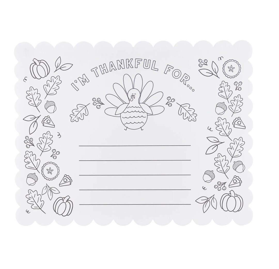 Thanksgiving Placemat I'm Thankful for Coloring Activity for Kids Fall ...