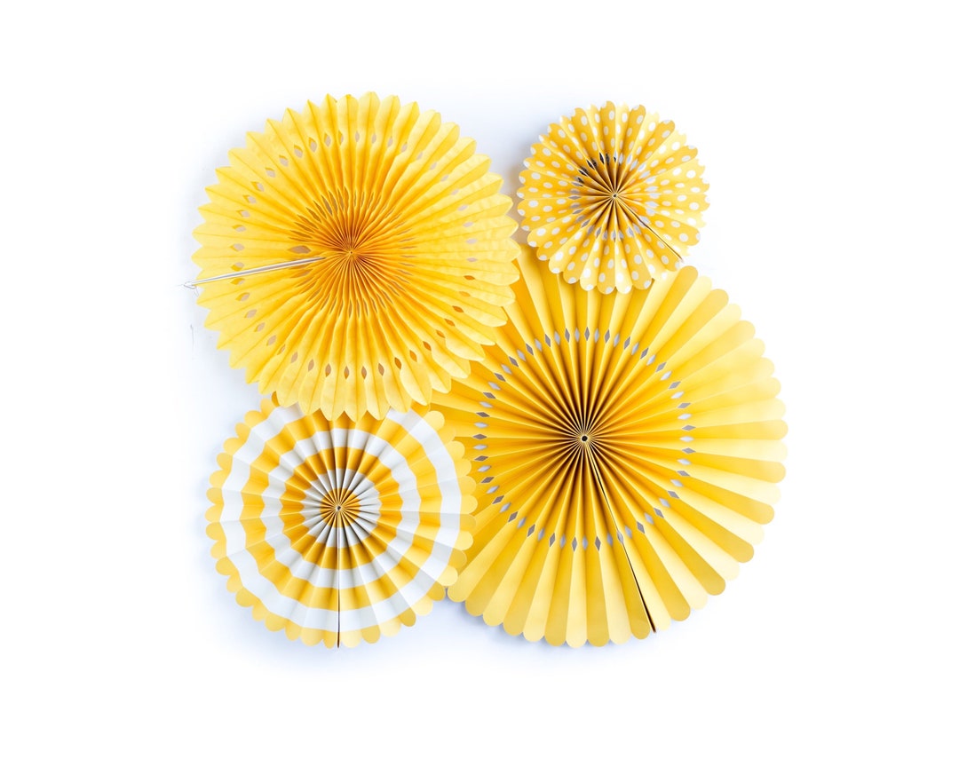 Yellow Paper Fan Set Striped Polka Dot Plain Rosettes Summer Beach Pool ...