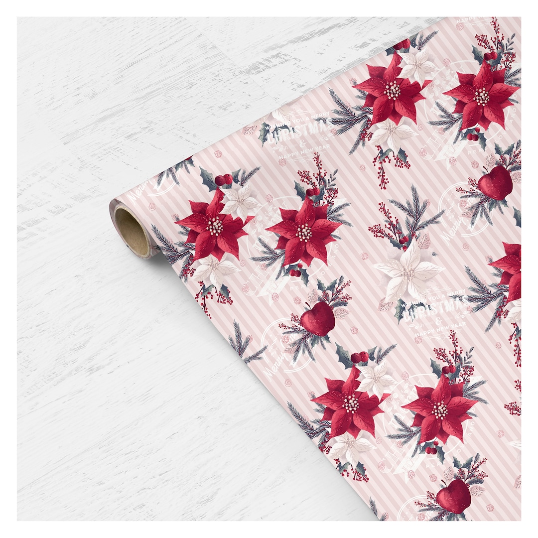 Merry Christmas Gift Wrapping Paper With Red Floral Poinsettia Design ...