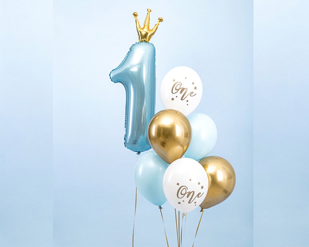 Little Prince Birthday Decoration NUMBER ONE Crown Blue White Gold ...