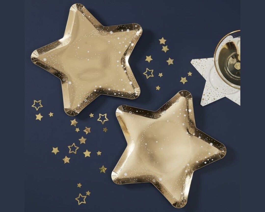 Gold Star Paper Plates Shiny Foil Celestial Tableware Dinner Dessert ...
