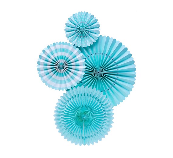 Aqua Blue Paper Fan Set Light Bright Patterned Rosettes Large Wall ...