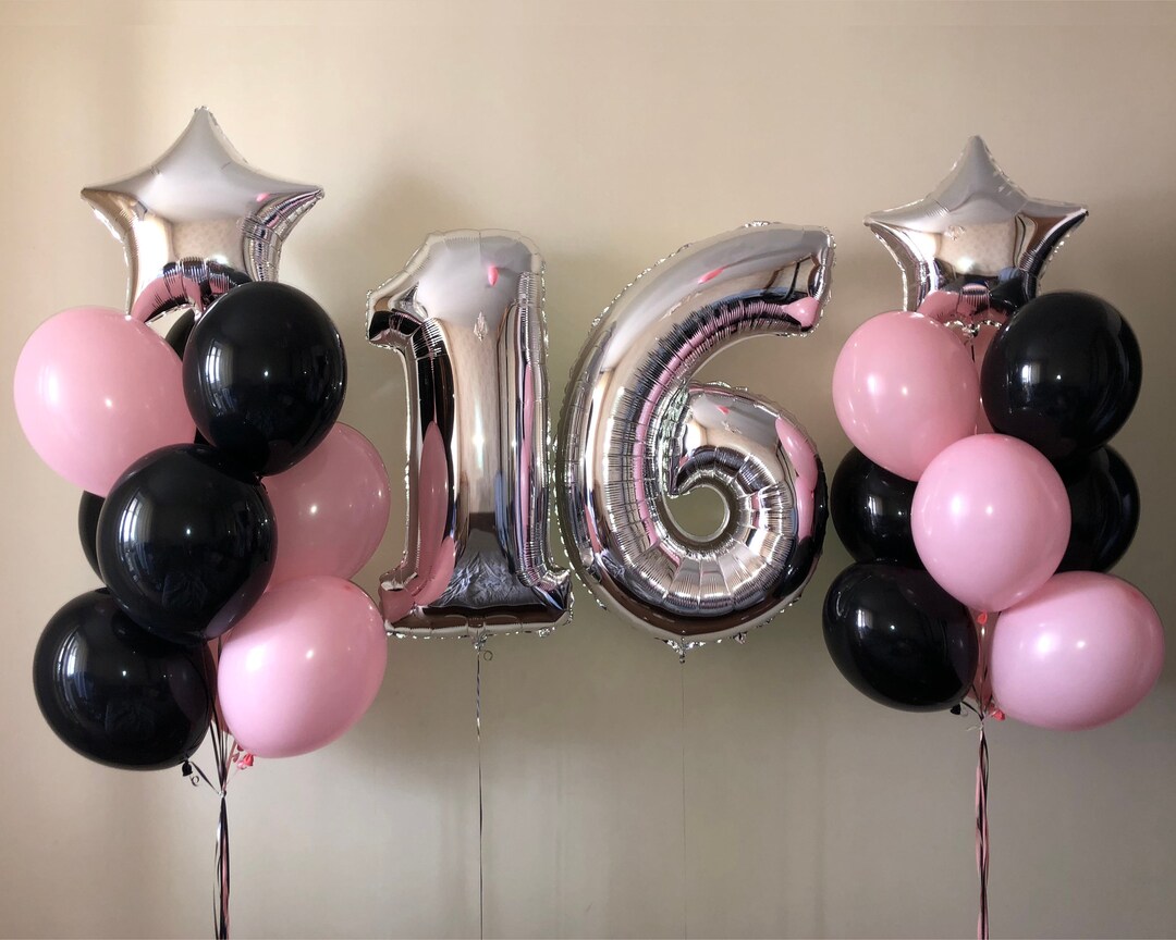 Custom Age Balloon Silver Foil Number Black Pink Star Balloon Bundle ...