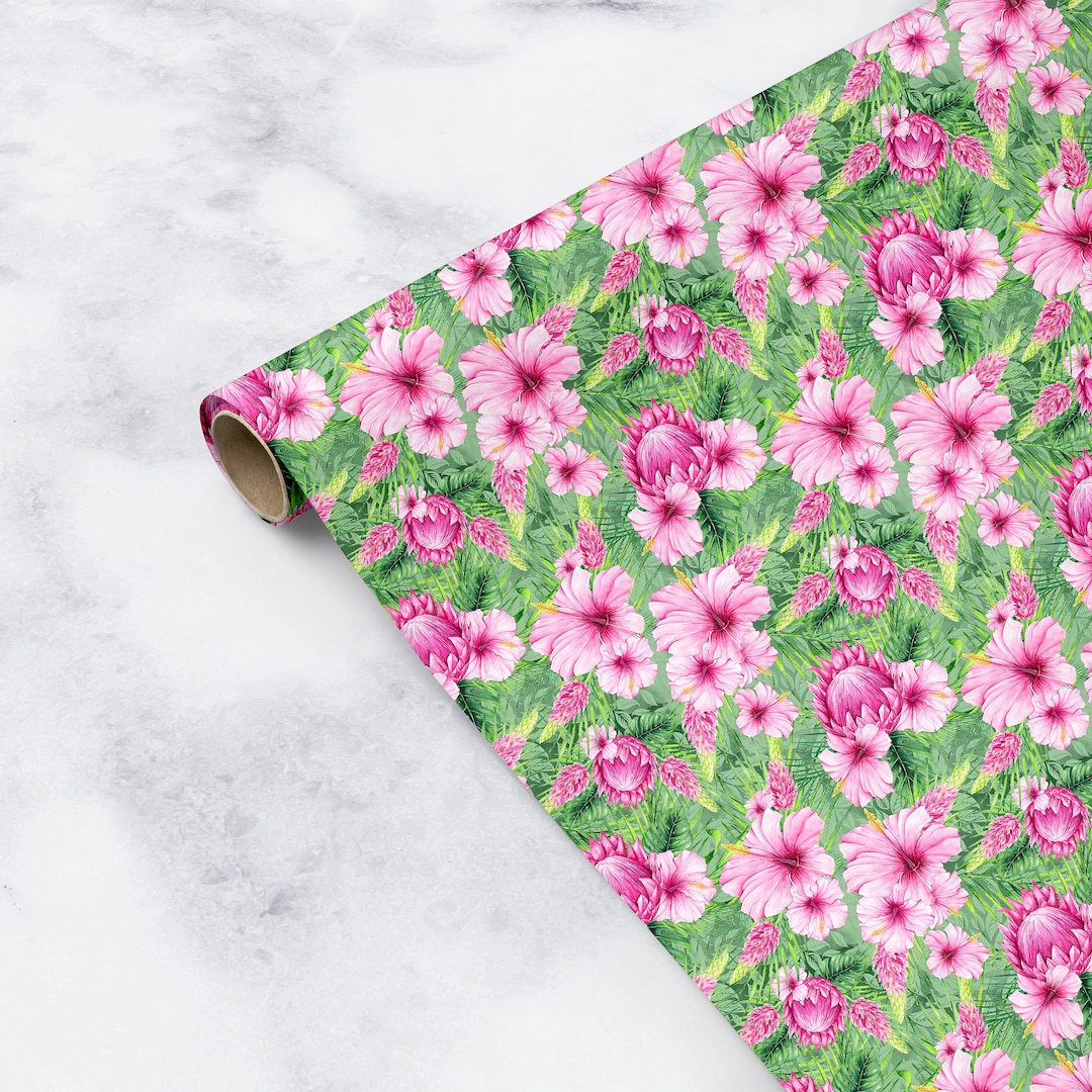 Floral Gift Wrapping in Pink and Green Botanical Tropical Exotic Summer ...
