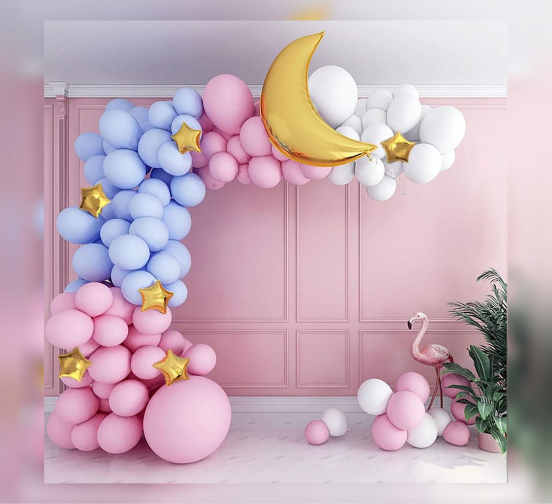 Over the Moon Balloon Arch Crescent Star Pastel Blue Pink Party ...