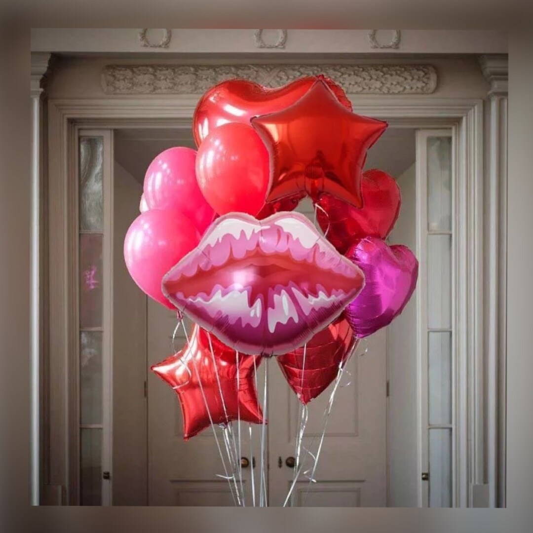 Valentine’s Day Balloon Bundle Red Hearts Stars Pink Lips DIY Bouquet ...