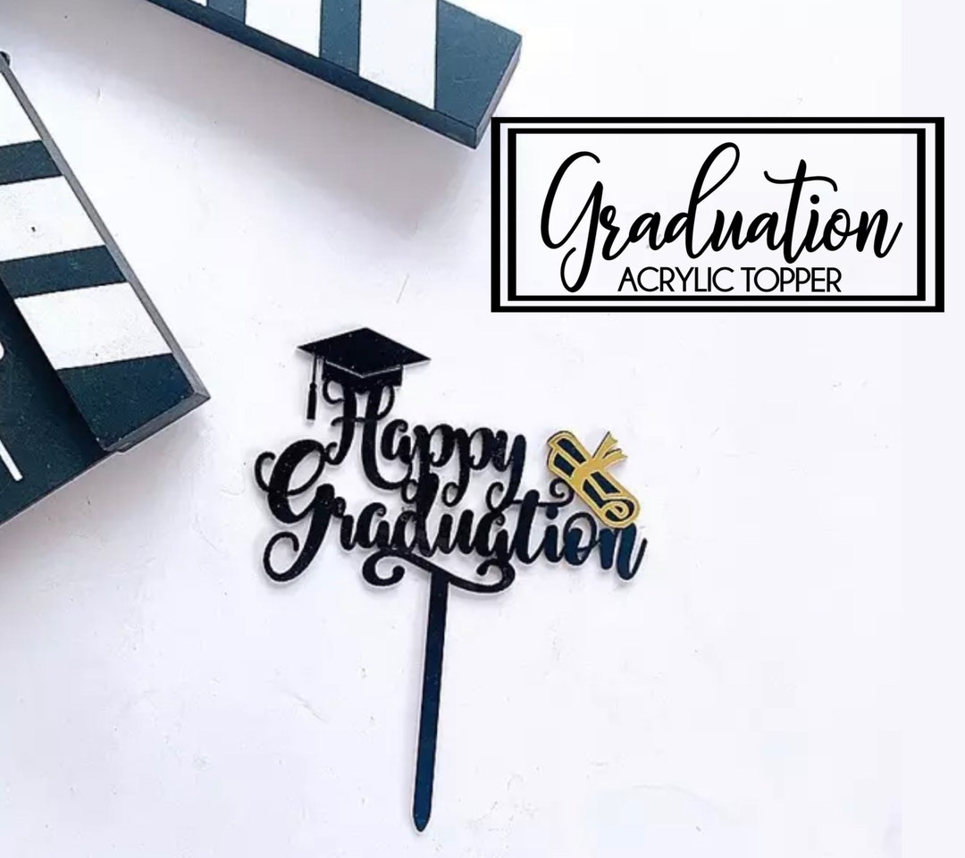 Happy Graduation Cake Topper Black Script Text Academic Cap Diploma ...
