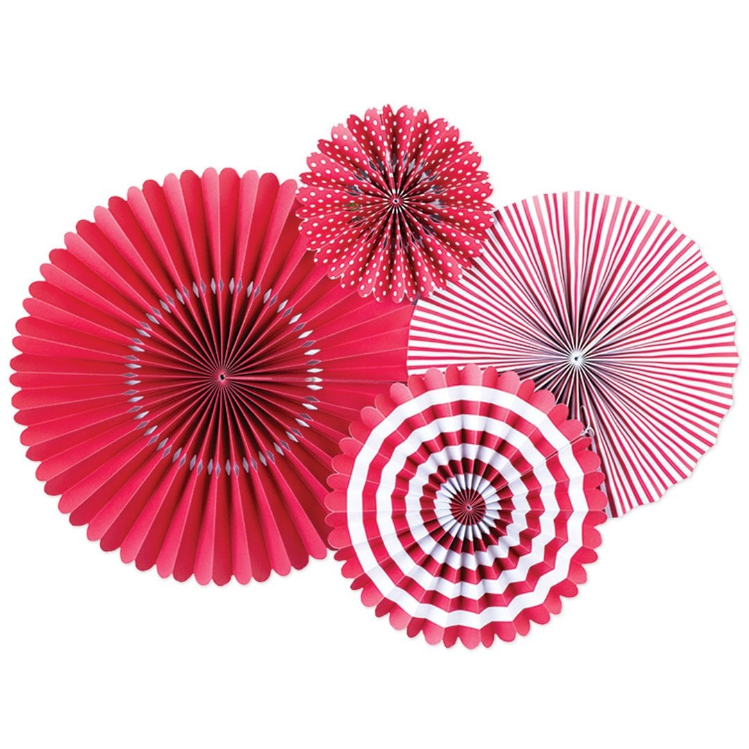 Summer Paper Fan Set 4 White Red Hanging Ceiling Wall Rosettes Vibrant ...