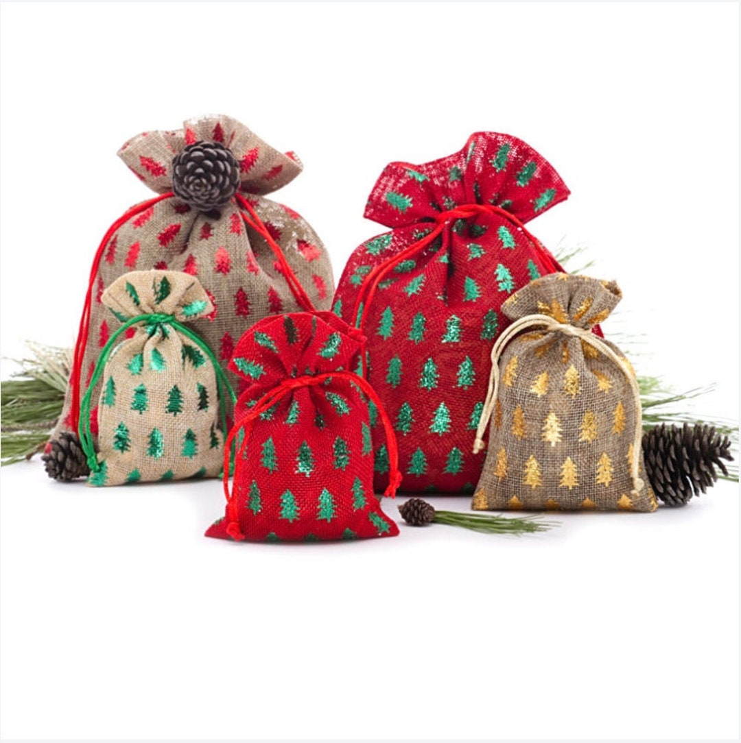 Christmas Favor Bag From Rustic Burlap With Xmas Tree Print Fabric ...