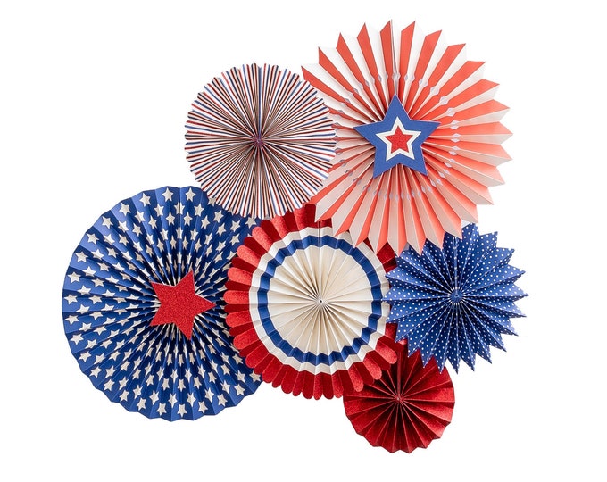 4th of July Paper Fan Set American Flag Patriotic Stars Stripes White ...