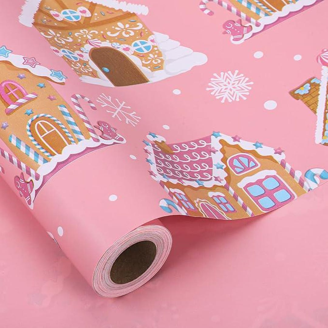 Pink GINGERBREAD House GIFT WRAP Double Sided Cute Girly Christmas ...