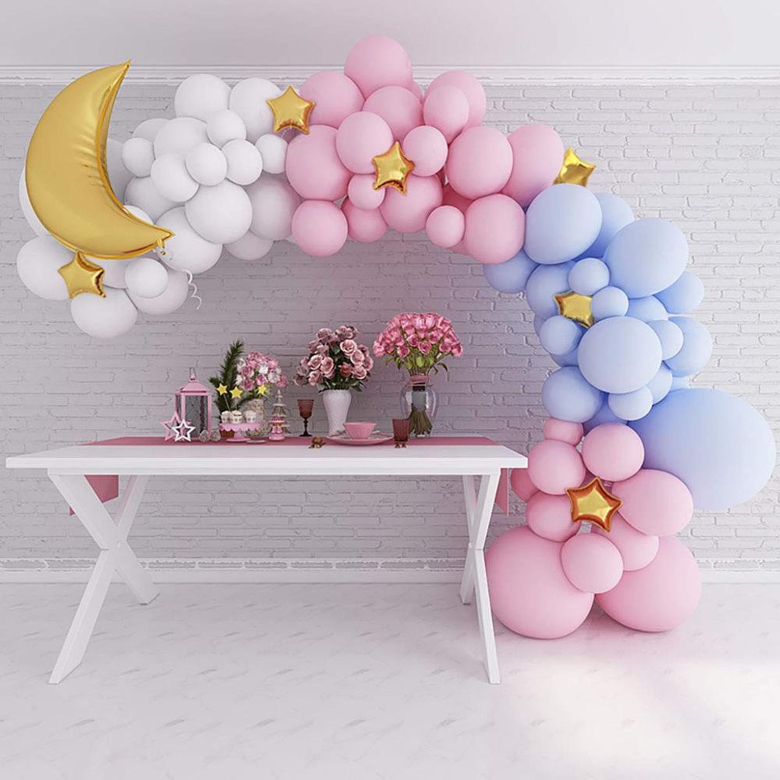 Over the Moon Balloon Arch Crescent Star Pastel Blue Pink - Etsy