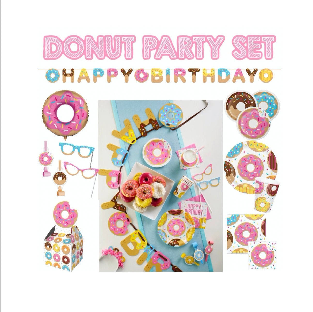 Donut Party in A Box Full Set Tableware and Decoration Kit | Etsy