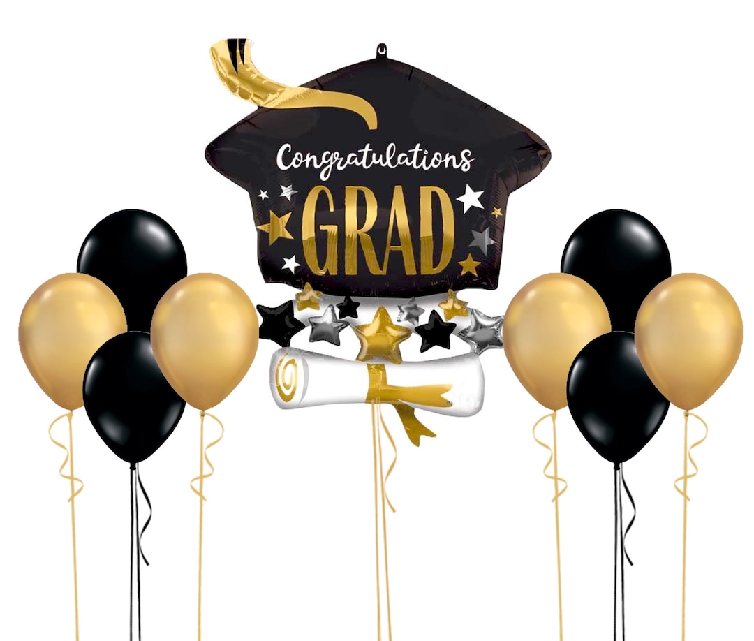 Congratulations Grad Balloon Bouquet Black Gold Stylish Unisex Party ...