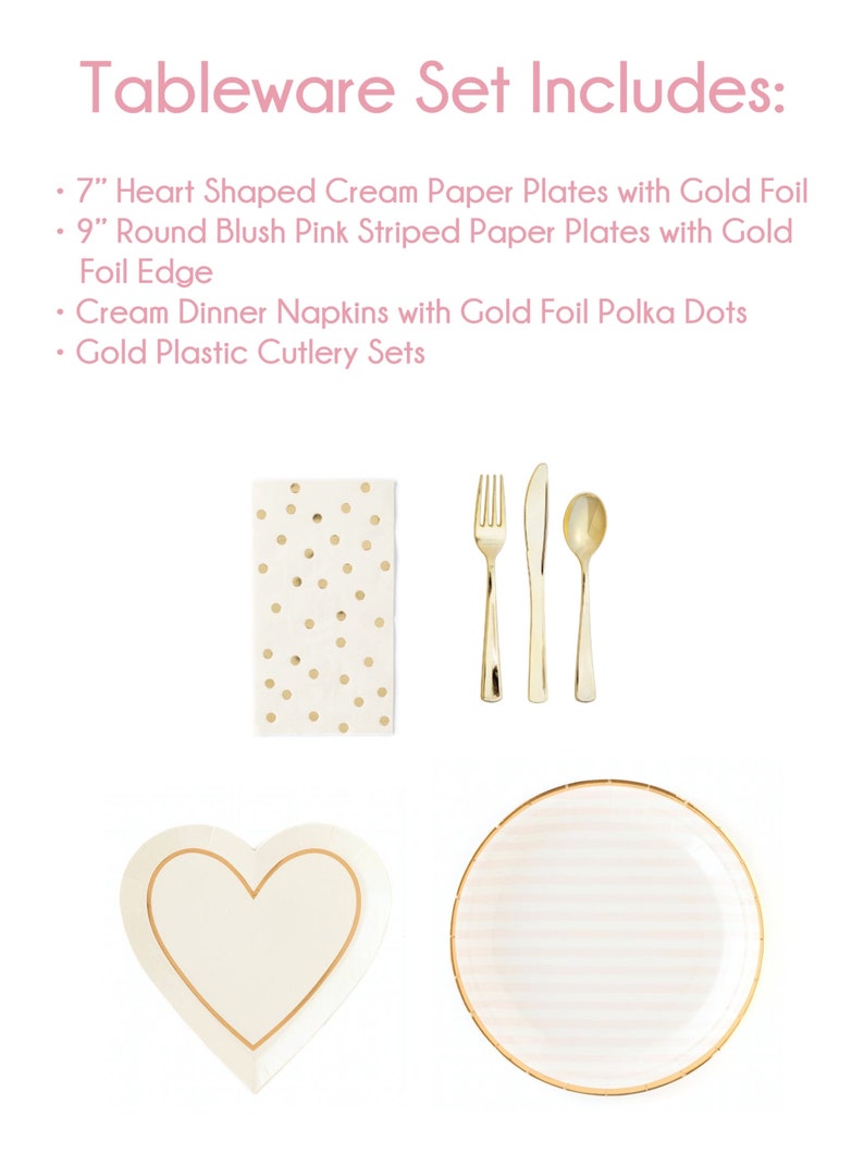 Heart Tableware Set in Cream With Gold PLATES NAPKINS CUTLERY Minimal ...