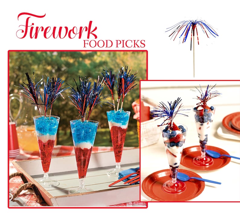 Fireworks Food Pick Red Blue Patriotic Drink Decoration Sparkle Palm ...