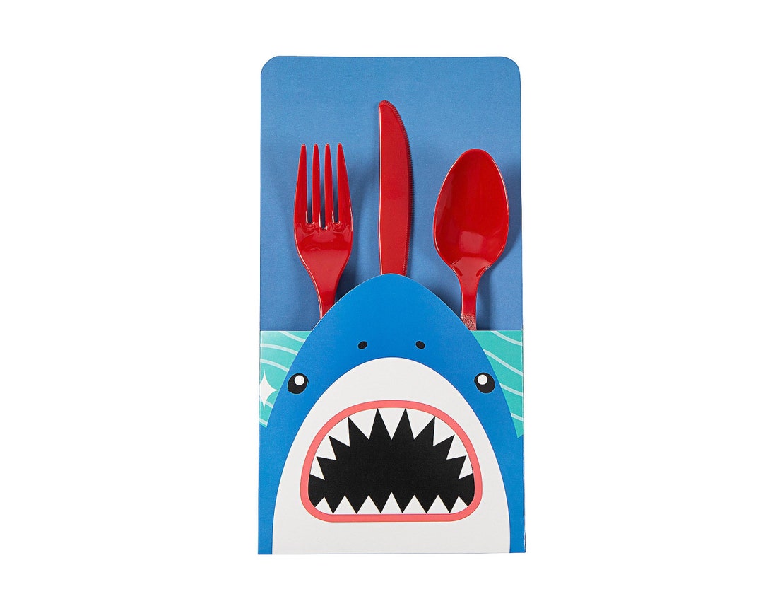 SHARK CUTLERY HOLDER Cardboard Sleeve Pouch Blue White Baby Shark ...