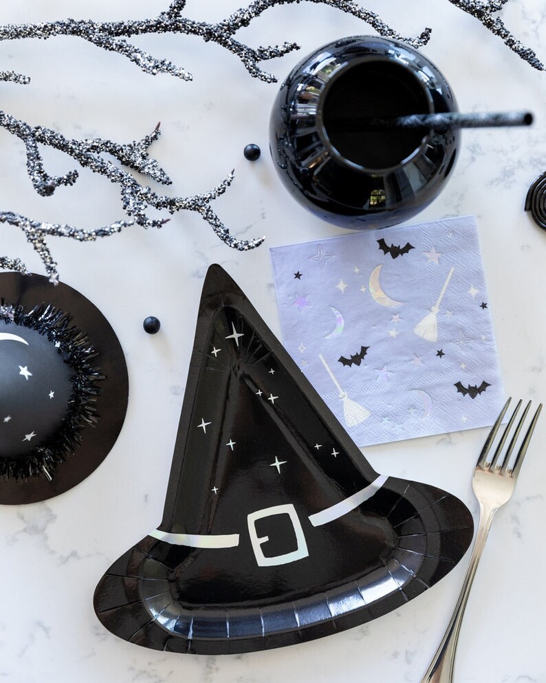 Witch Hat Paper Plates Black Holographic Wizard Magician - Etsy