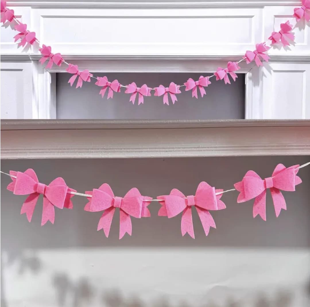 Pink Bow Garland Felt Fabric Reusable Blush Bright Pink Ribbon Bunting ...