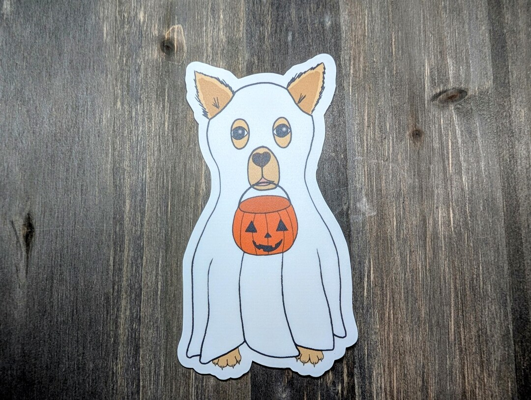 Ghost Dog Sticker, Halloween Funny Art, Pumpkin Bucket Trick or Treat ...