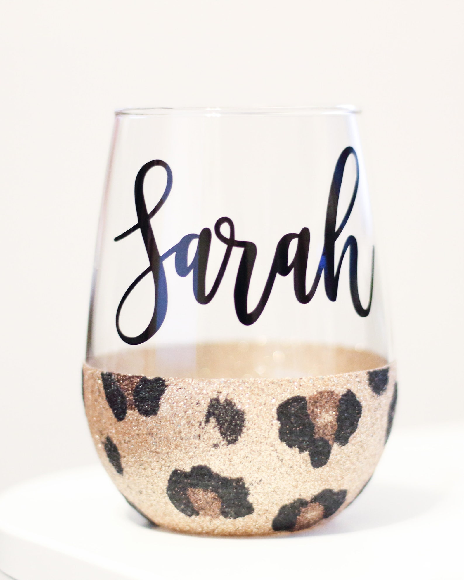 Personalized Leopard Print Glitter Stemless Wine Glass - Etsy