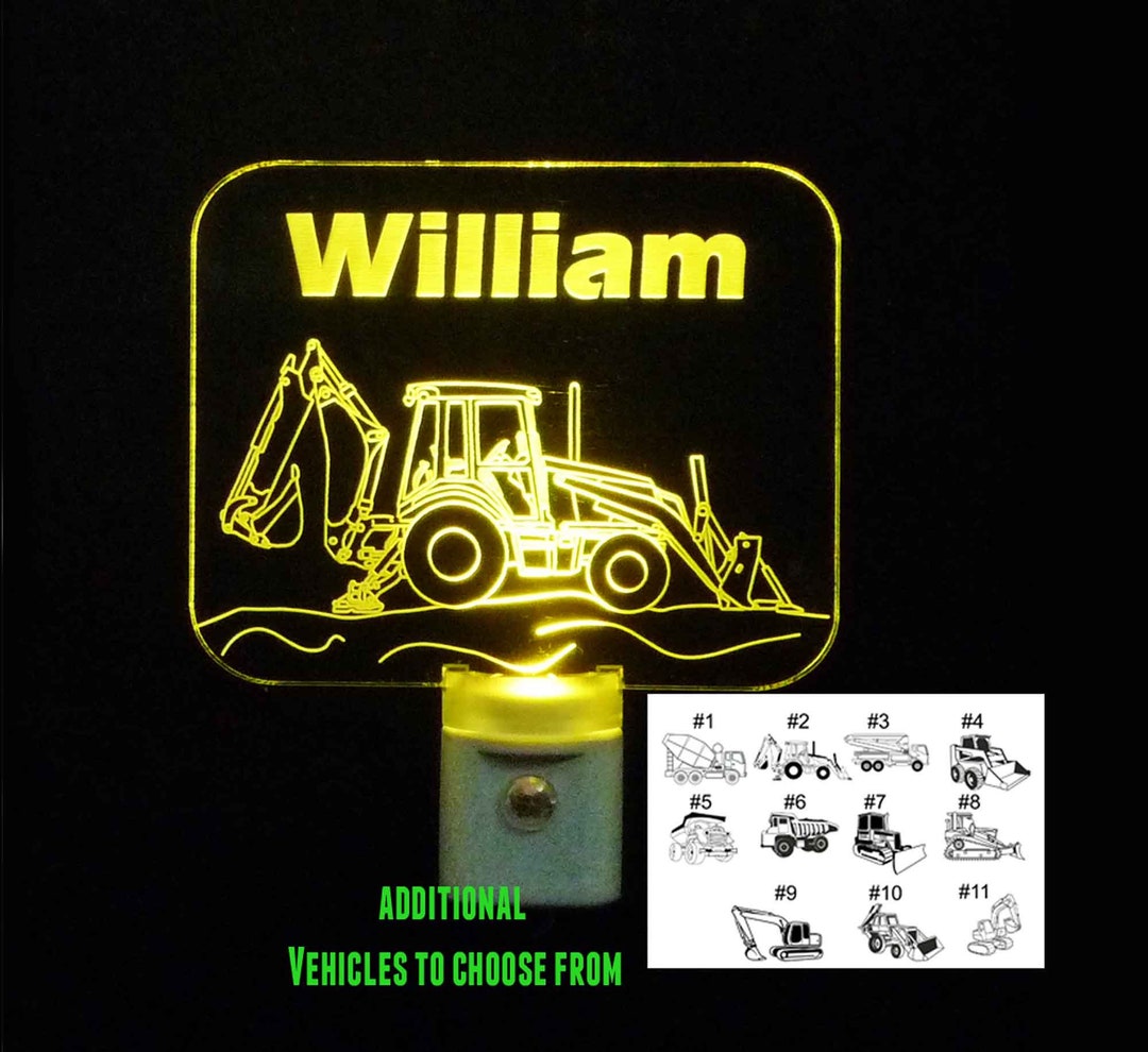 Kids Personalized Backhoe LED Night Light - Construction Vehicle Gift ...