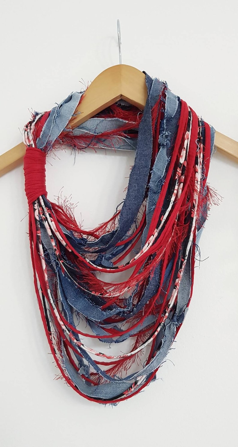 Denim Scarf Necklace With Red Accent Fabric Jewelry Textile | Etsy