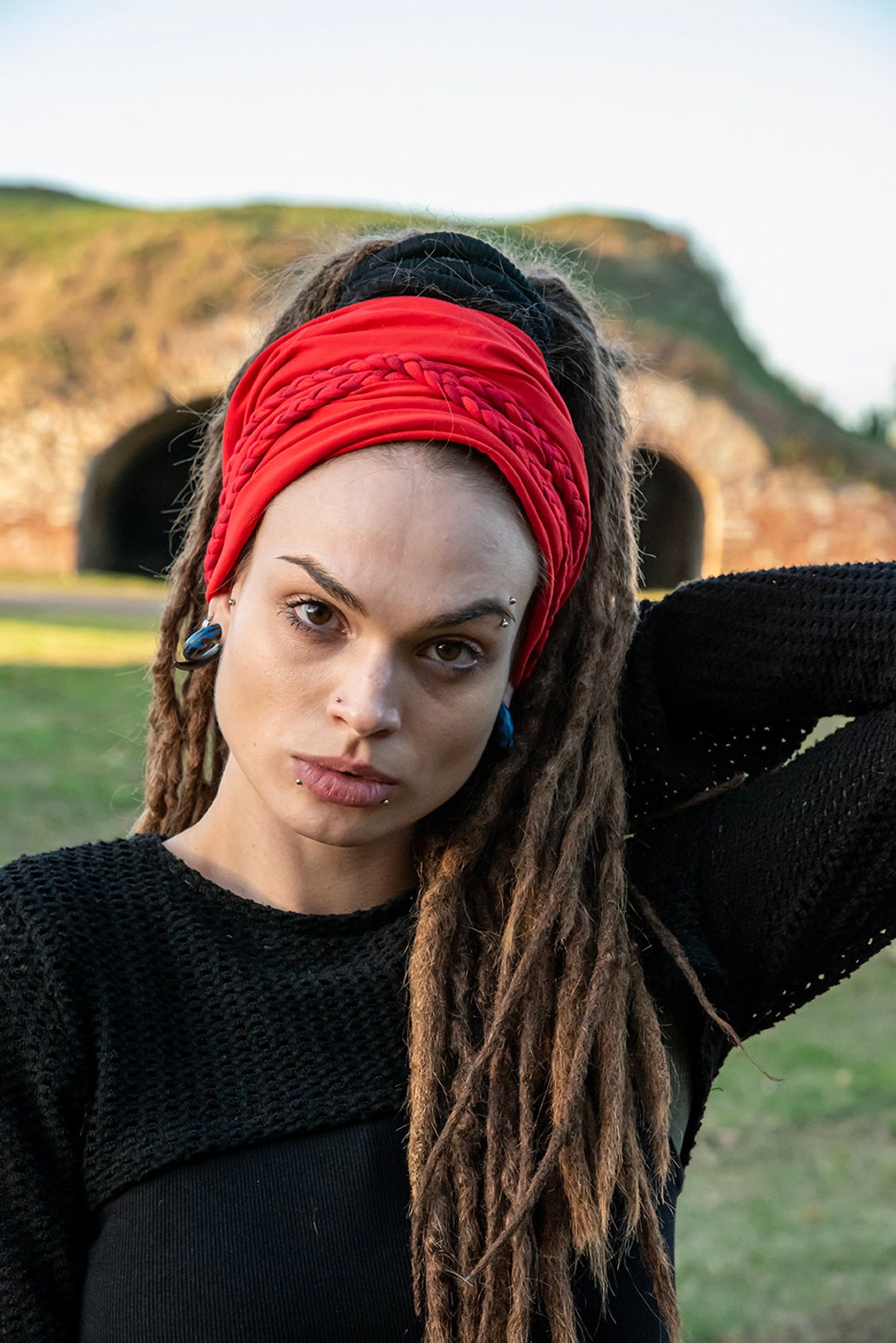Red Headband Wide Boho Head Wrap Dreadband Turban Style Jersey Headband ...