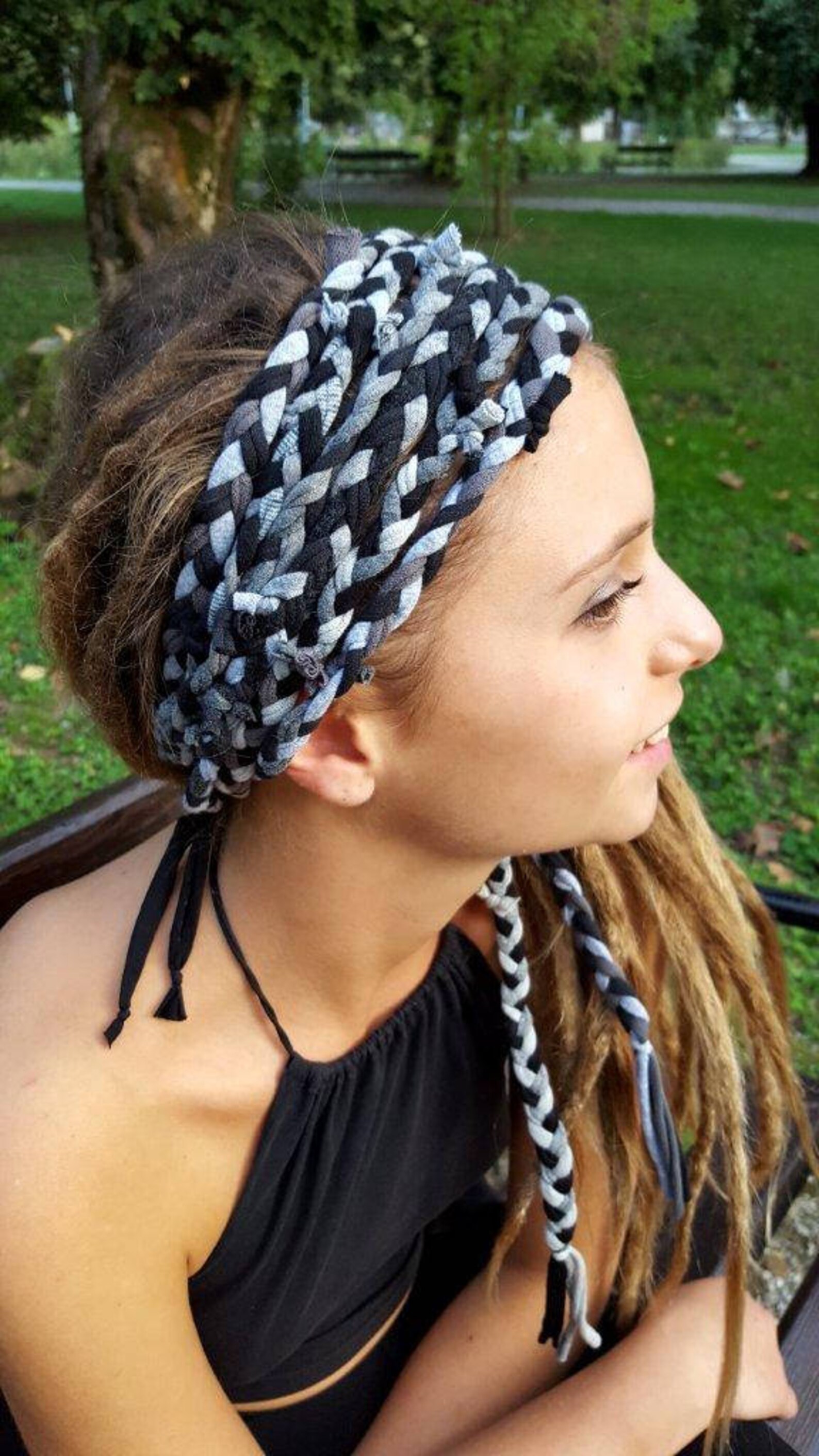 Black Gray Dreadlocks Headband Head Scarf Bohemian Head Wrap Gypsy ...