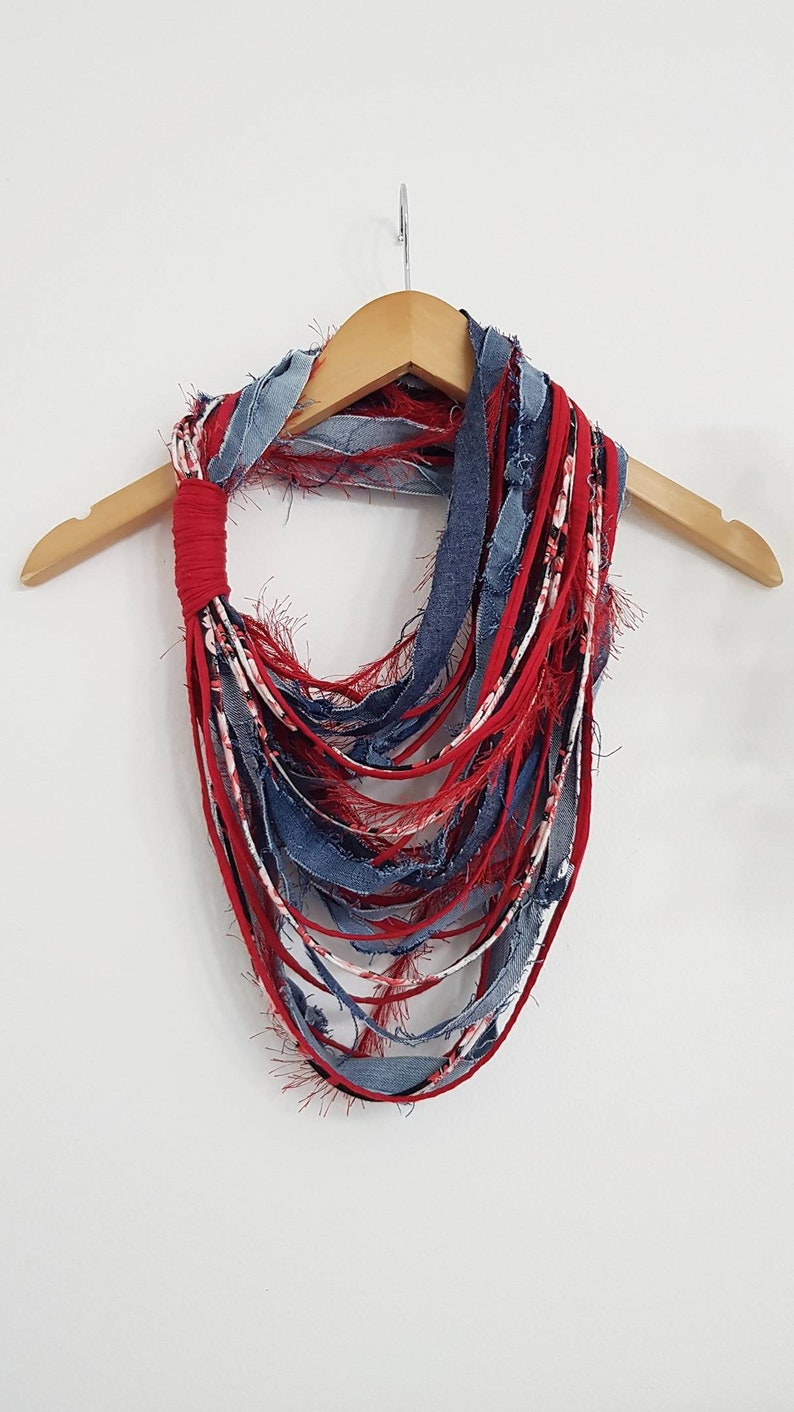 Denim Scarf Necklace With Red Accent Fabric Jewelry Textile | Etsy