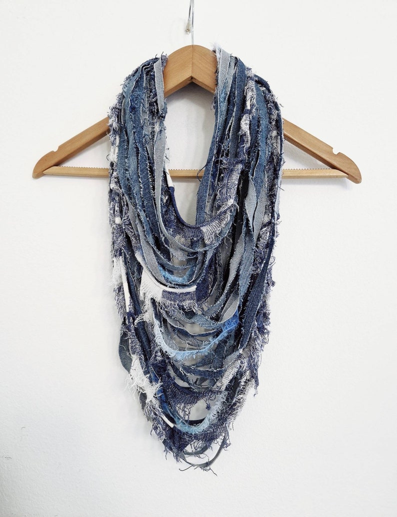 Upcycled Jeans Frayed Jeans Denim Scarf Necklace Fabric Jewelry Textile ...
