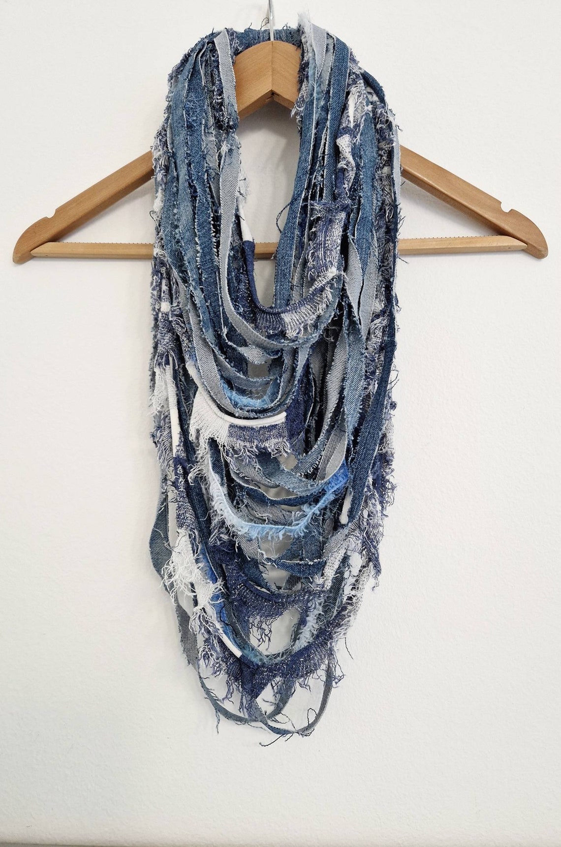 Upcycled Jeans Frayed Jeans Denim Scarf Necklace Fabric Jewelry Textile ...