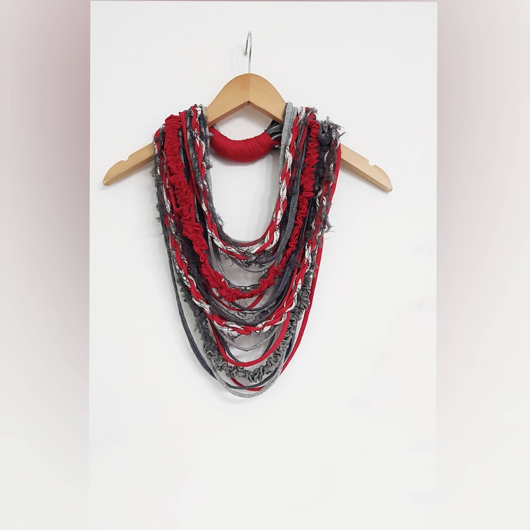 Red Gray Scart Fabric Necklace Textile Necklace Infinity Scarf - Etsy