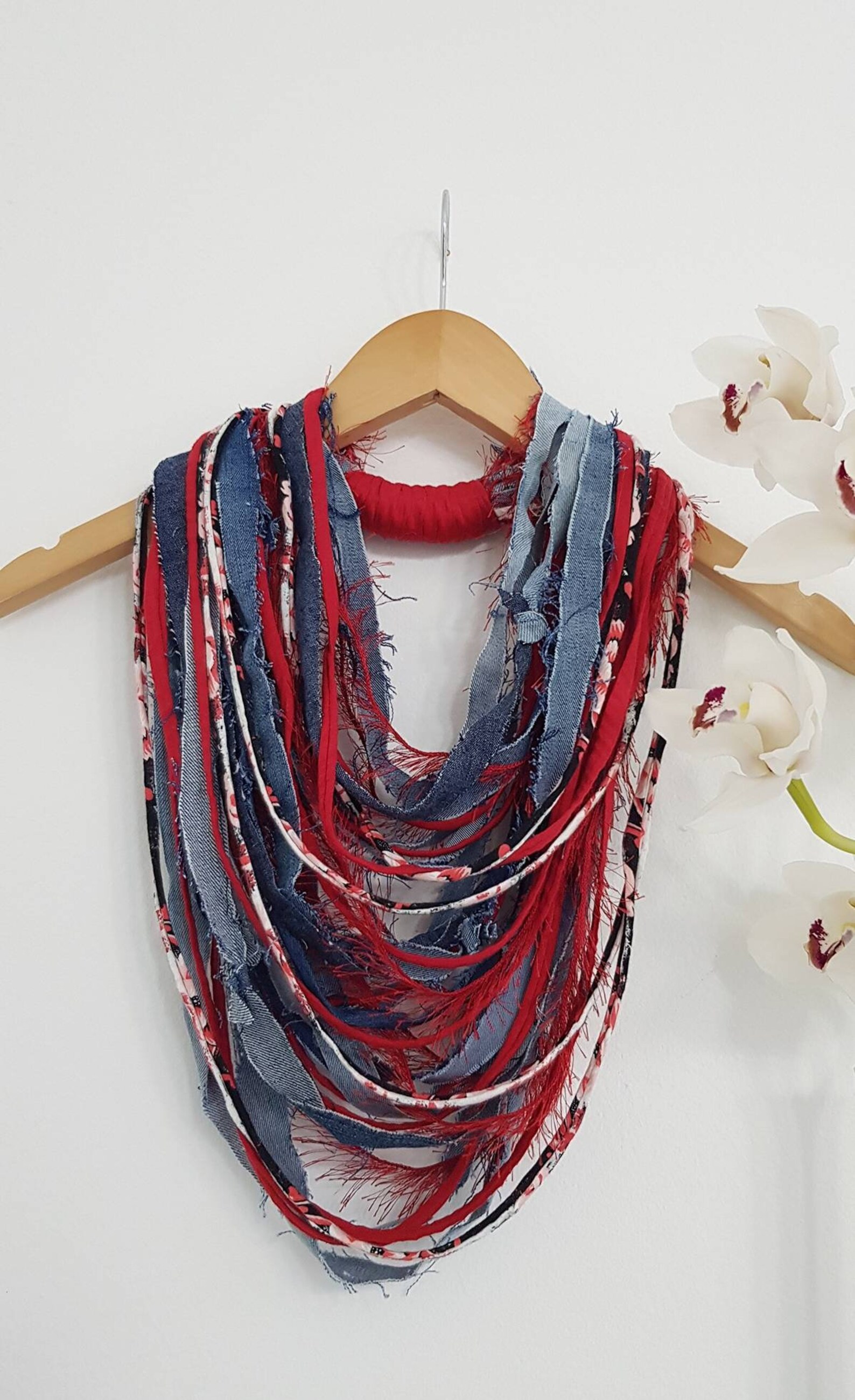 Denim Scarf Necklace With Red Accent Fabric Jewelry Textile | Etsy