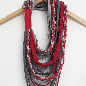 Red Gray Scart Fabric Necklace Textile Necklace Infinity Scarf Abstract ...