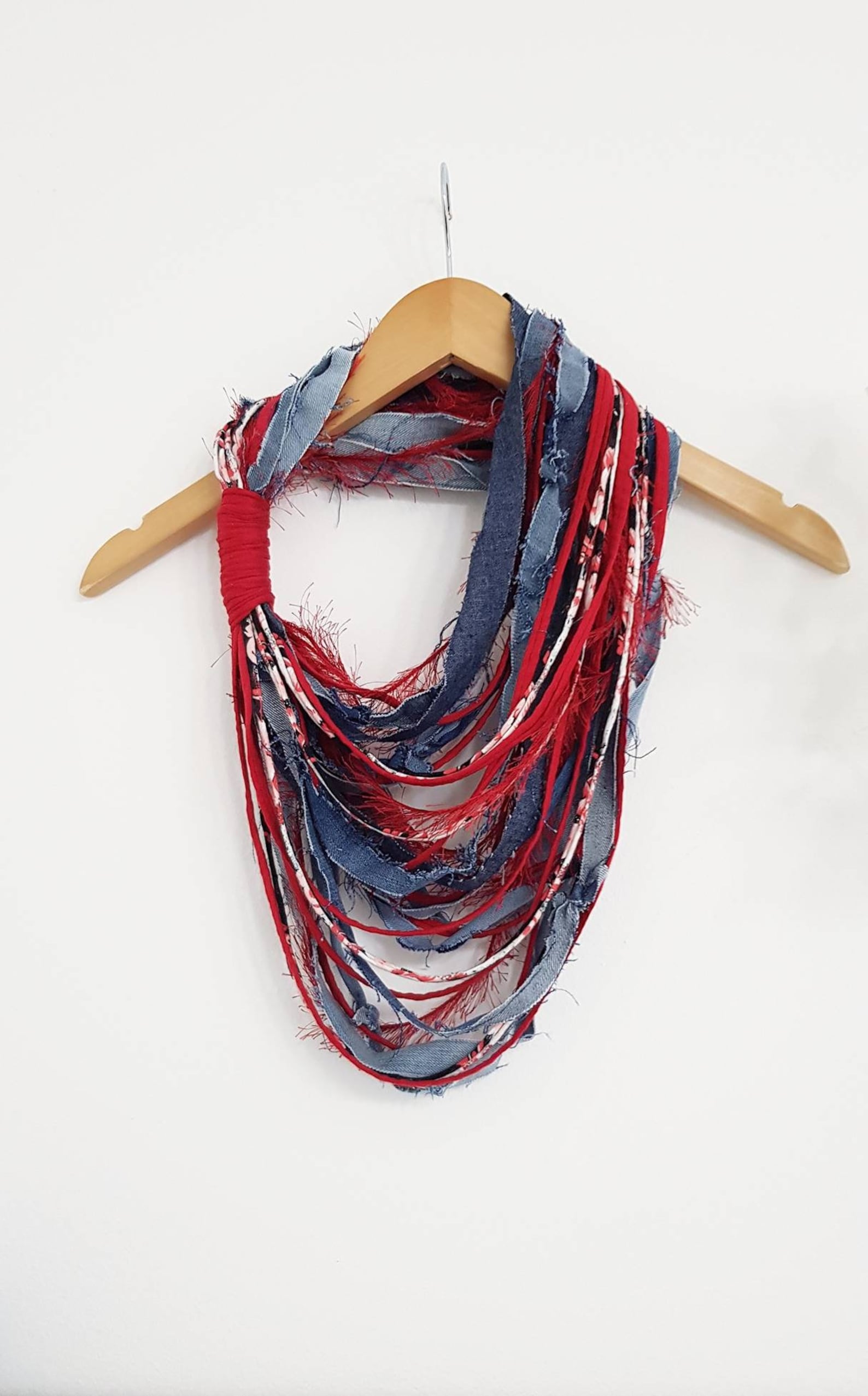 Denim Scarf Necklace With Red Accent Fabric Jewelry Textile - Etsy