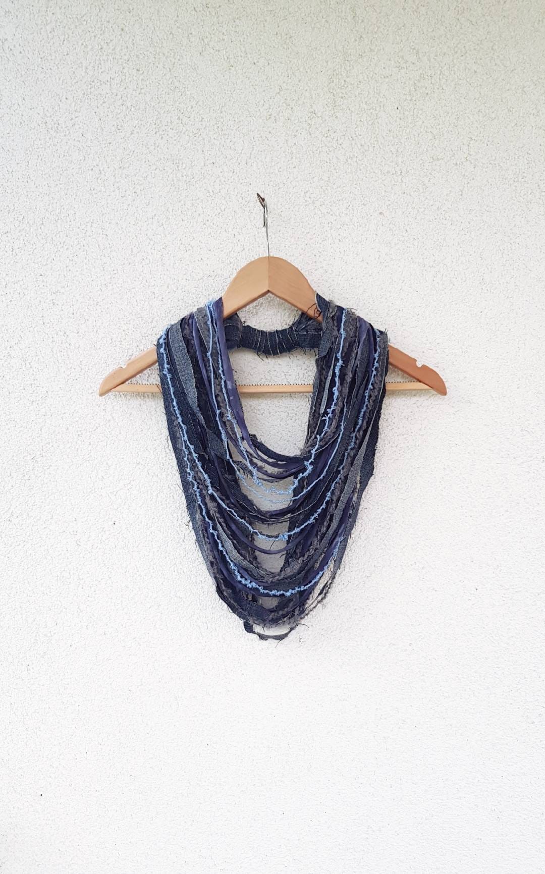 Diy Frayed Denim Necklace Gray Blue Scarf Necklace Torn Jeans Fabric ...