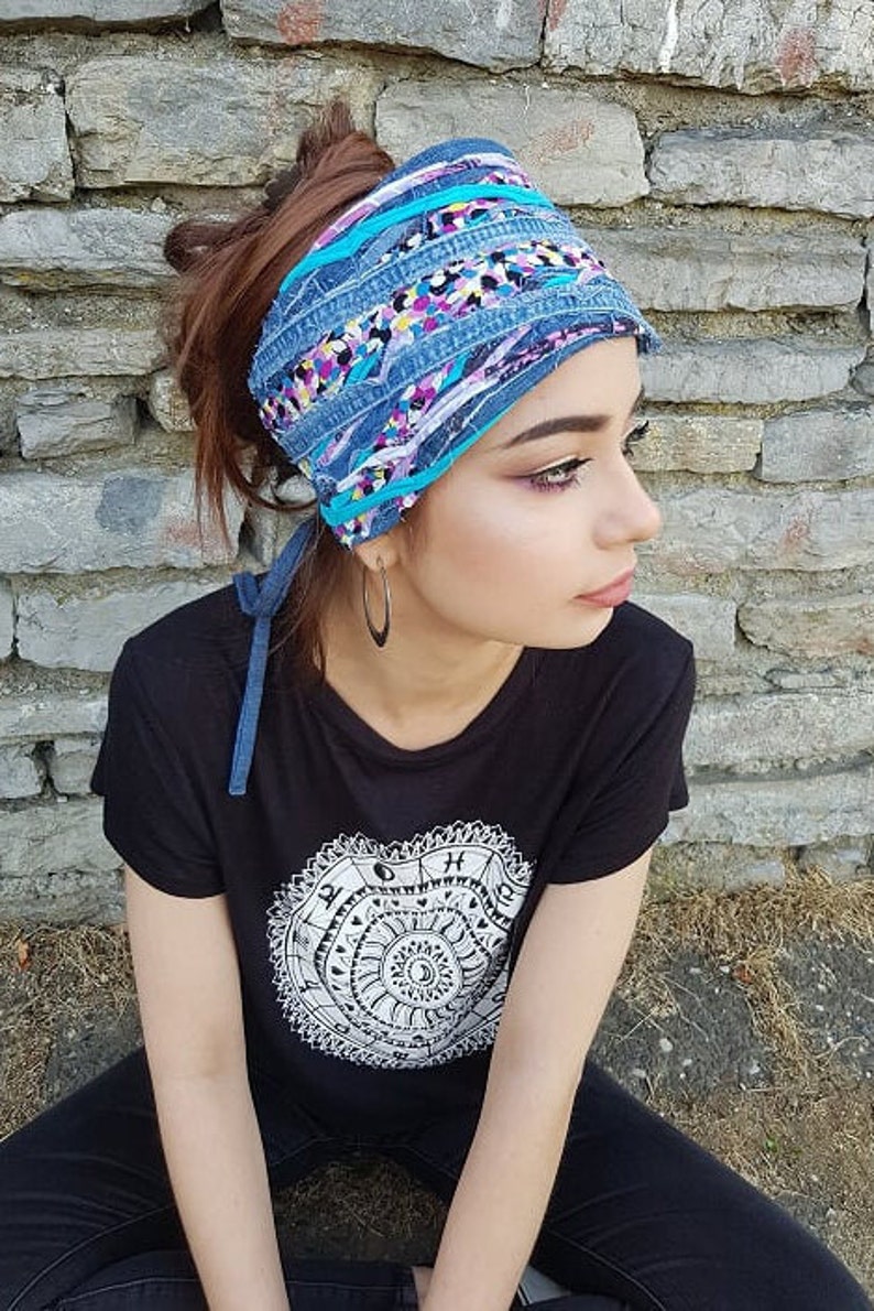 Upcycled Denim Headband Turquoise Pink Headband Dreadlock Head - Etsy