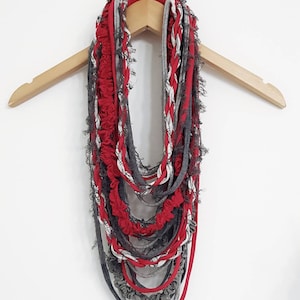Red Gray Scart Fabric Necklace Textile Necklace Infinity Scarf Abstract ...