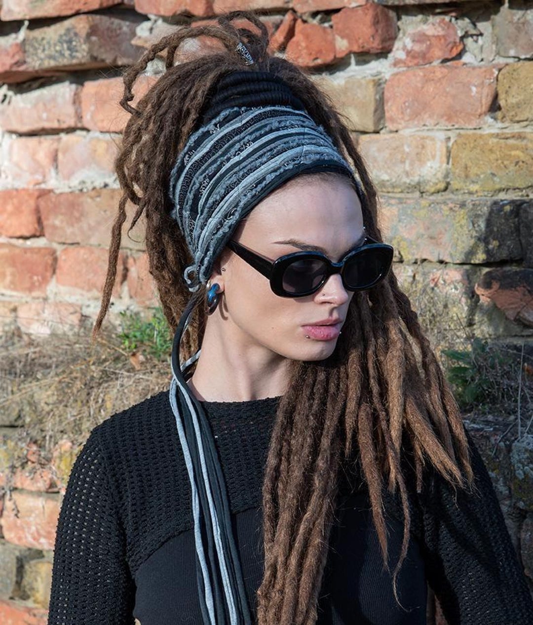 Black Gray Dreadlock Headband Dread Scarf Head Wrap Boho Extra Wide ...