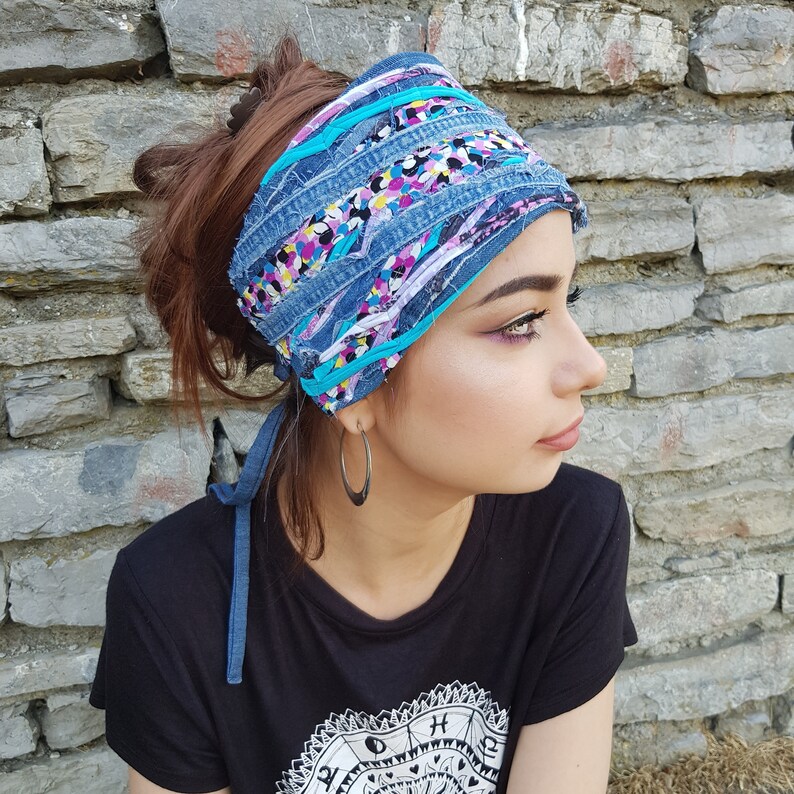 Upcycled Denim Headband Turquoise Pink Headband Dreadlock Head Wraps ...