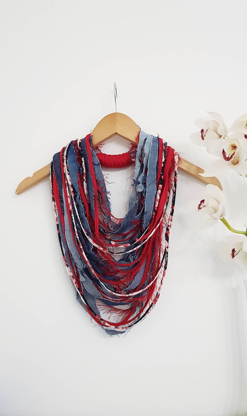 Denim Scarf Necklace With Red Accent Fabric Jewelry Textile - Etsy